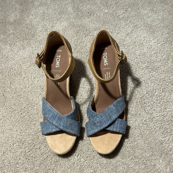 Toms | Shoes | Toms Cork Wedge Heel Cork And Denim Strappy Heels With ...